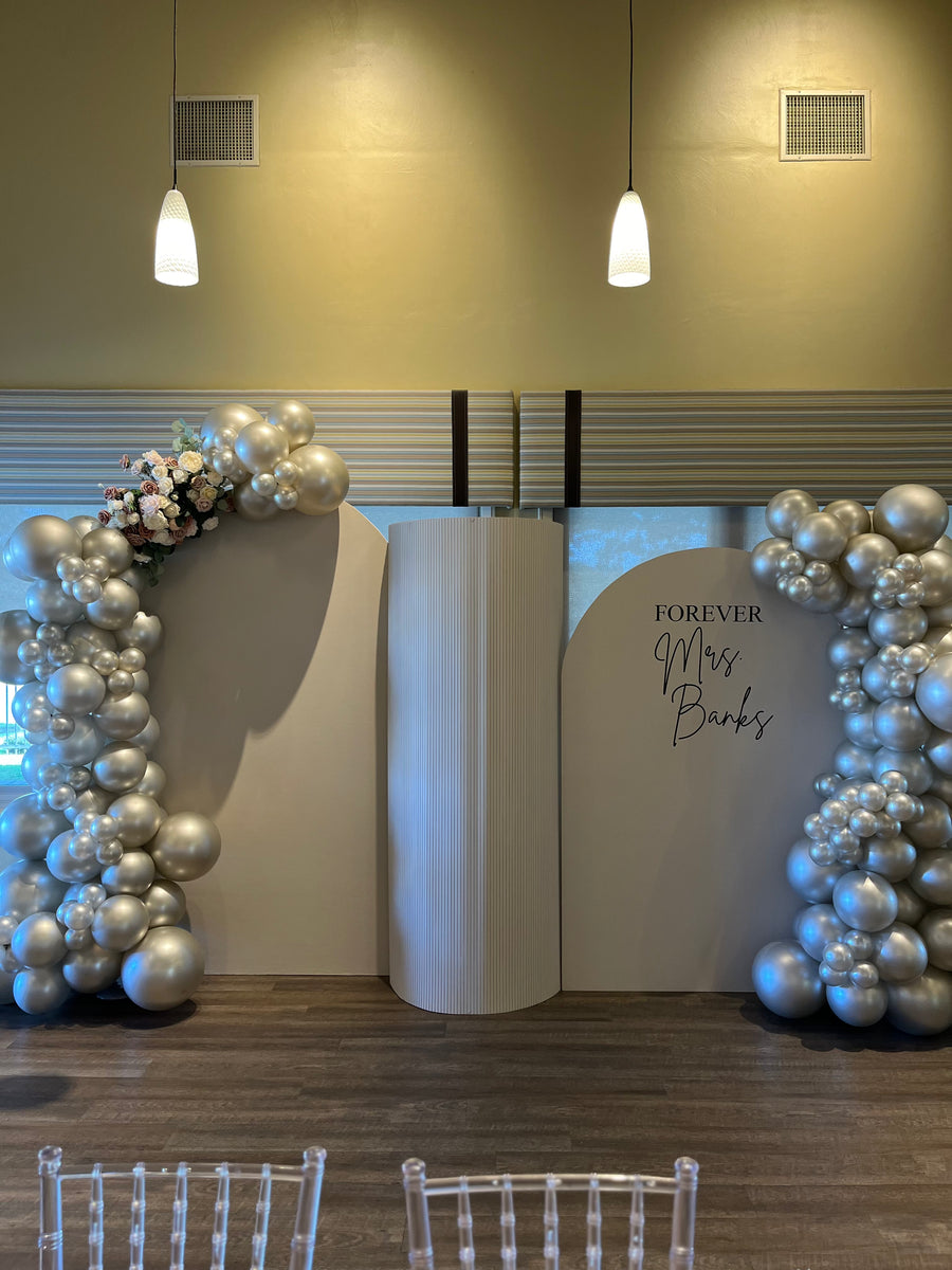 Double Arch Backdrop Rental with Curved Ripple Wall and Balloon Garland ...